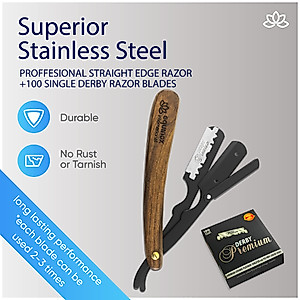 Equinox Straight Edge Razor - Includes 100 Single Derby Blades -Manual Shaver for Men - Stainless Steel with Wooden Handle - Barber Kit - Hair Blade Razor - Perfect for Hairline