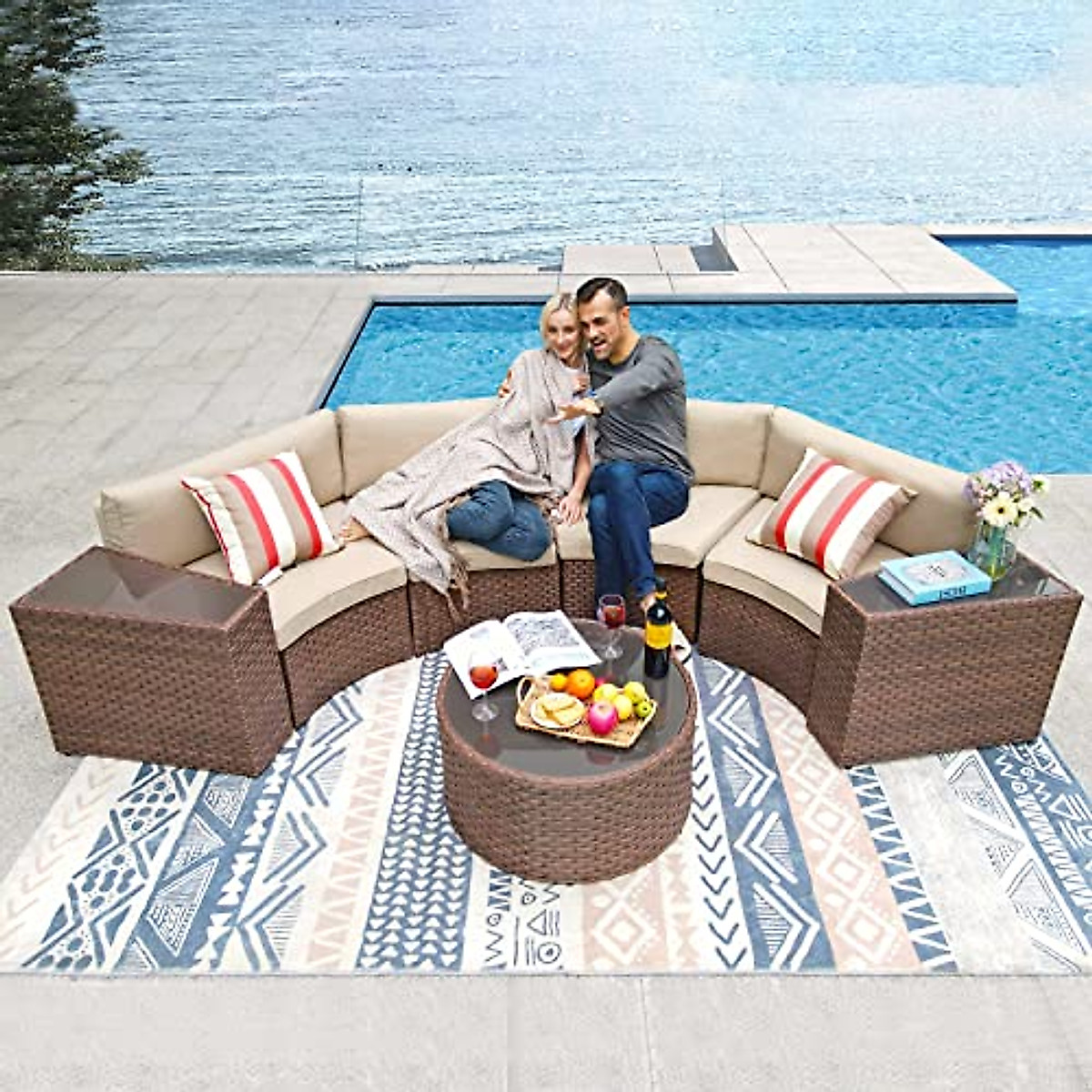 SUNSITT Outdoor 7-Piece Half-Moon Sectional Furniture Set with Round Coffee Table, Patio Curved Sofa Set, Beige Cushion and Brown Wicker, Incl. Waterproof Cover