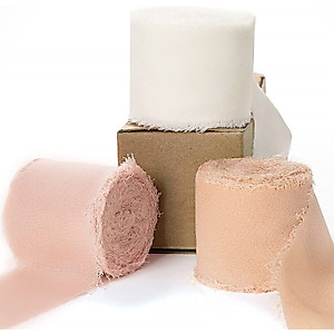 joybest Handmade Chiffon Ribbons for Gift Wrapping, Pink & Cream White Boho Fabric Ribbons for Crafts, Silk Pink Ribbons for Wedding Invitation, Bridal Bouquets, DIY Crafts, Party Decor 1.5’’ x 7Yd
