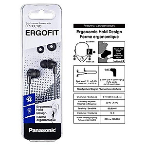 Panasonic ErgoFit In-Ear Earbud Headphones RP-HJE120-KA (Matte Black) Dynamic Crystal-Clear Sound, Ergonomic Comfort-Fit (Renewed)