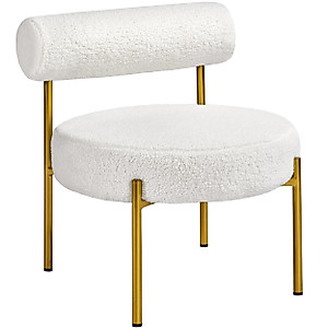 Yaheetech Boucle Accent Chair, Modern Tufted Vanity Chair, Cozy Sherpa Barrel Chair with Gold Legs, Club Chair for Living Room Bedroom Vanity Room Home Office, White