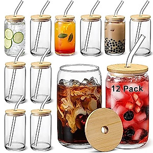 [ 12pcs Set ] Glass Cups with Bamboo Lids and Glass Straw - Beer Can Shaped Drinking Glasses, 16 oz Iced Coffee Glasses, Cute Tumbler Cup for Smoothie, Boba Tea, Whiskey, Water - 4 Cleaning Brushes
