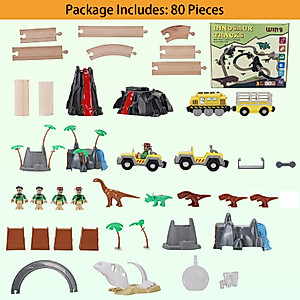 WINB Wooden Train Set 80PCS & Dinosaur Wooden Train Track Set, Gift Packed Toy Railway Kits for Kids, Toddler Boys and Girls 3,4,5 Years Old and Up– Premium Wood Dinosaur Wooden Train Track-Fits