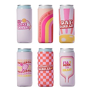 Funny Pickleball Gifts for Women I Pickleball Themed Slim Can Coolers Set (6 Pack) I Girly & Trendy Drink Insulators for Pickleball Party I Perfect Pickleball Accessories for Women