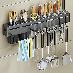 MINOCHI Knife Holder for Wall 50cm Multifunction Kitchen Knife Storage Holder with 8 Hooks, No Punch Wall Mounted Stainless Steel Knife Rack Organizer for Hanging Spoon Chopsticks - Black