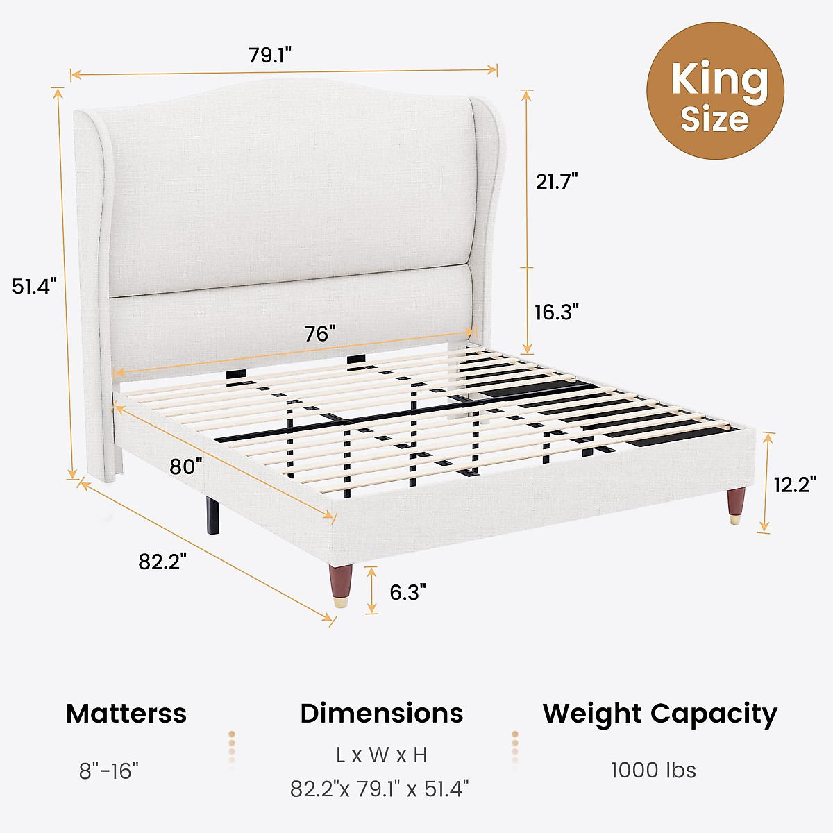 HALLYBEE 51.4" H King Size Bed Frame with Headboard Lined Fabric Upholstered Platform Bed Frame Wingback Design Chic and Elegant Bed Frame No Box Spring Needed, Mattress Foundation, White