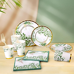 Etsutomy Sage Green Party Decoration, 126PCS Sage Green Plates and Napkins Party Supplies, Spring Greenery Eucalyptus Green Leaves Disposable Dinnerware Decor for Wedding Birthday Baby Shower