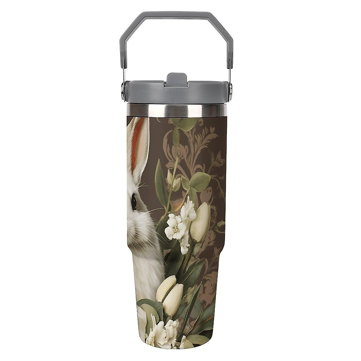 30oz Stainless Steel Insulated Tumbler with Flip Lid & Straw, Leakproof Travel Mug for Car, A Beautiful White Rabbit Double Wall Vacuum Thermal Coffee Cup with Handle, Spill-Proof Design for Hot/Cold