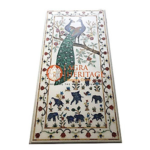 Marble Dining Room Table Top Peacock Elephant Floral Inlay Marquetry Stone Furniture Decor