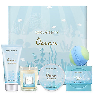 Spa Gifts for Women,Bath Set with Ocean Scented Spa Gifts Box for Her,Includes Scented Candle,Body Butter,Hand Cream,Bath Bar and Bomb,5 Pcs Bath Set,Gifts Set for Women,Mom,Mother's Day Gifts