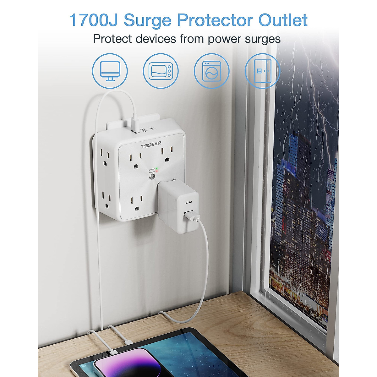 Surge Protector 8 Outlet Extender, TESSAN Multi Outlet Splitter with 3 USB Wall Charger (1 USB C Port), 3-Sided Multiple Plug Power Strip 1700J, USB Charging Station for Home Office Dorm Room