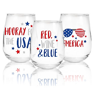 Whaline 3Pcs Patriotic Stemless Wine Glasses 17oz American Flag Glasses Tumbler Cups Drinking Glasses Independence Day Party Cups for 4th of July Supplies Kitchen Decor Gifts
