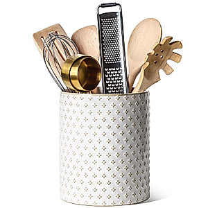 LE TAUCI Utensil Holder, 7.1" Ceramic Kitchen Utensil Holder for Counter top, Embossed Cooking Utensil Organizer for Spatula & Spoon, Kitchen Decor, Set of 1, Arctic White, Clover