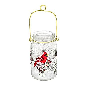 Cypress Home Beautiful Christmas Cardinal and Pine Cones Hand Painted Glass LED Mason Jar Table Décor - 4 x 3 x 6 Inches Indoor/Outdoor Decoration for Homes, Yards and Gardens