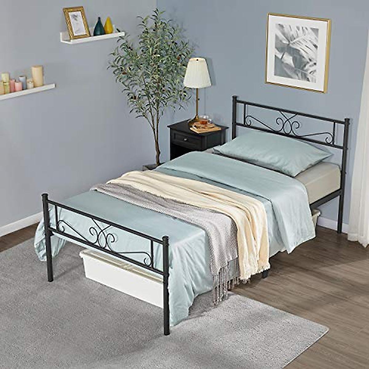 Topeakmart 13 inch Classic Metal Bed Frame with Headboard Mattress Foundation/Platform Bed/Slatted Bed Base,Twin Size