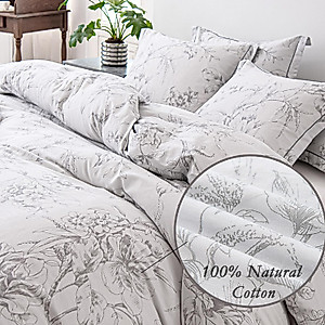ALEISSEL 100% Natural Cotton 3pcs Floral Duvet Cover Sets-Grayish White Duvet Cover with Gray Luxurious Flowers & Branches Pattern,Botanical Comforter Cover Sets with Button Closure(King,Botanical