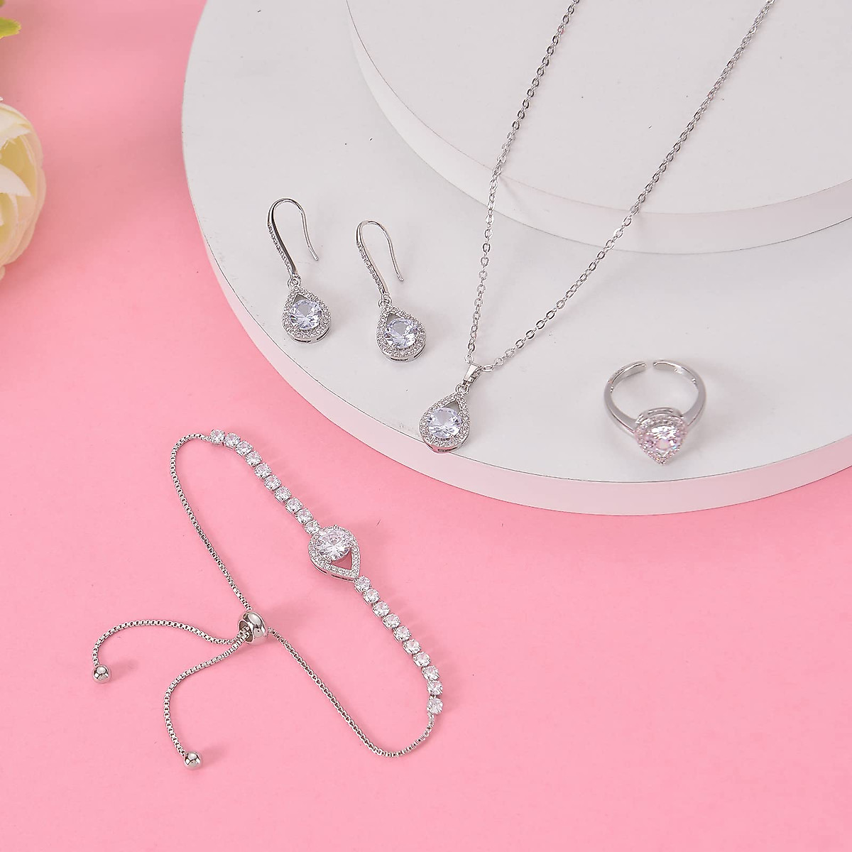 DHQH 4PCS Wedding Jewelry for Bridesmaid Cubic Zirconia Teardrop Necklace Earrings Bracelet Ring Set Bridesmaid Jewelry Set for Women Party Jewelry Gifts