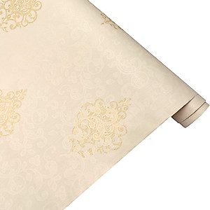 Yifely Light Beige Damask Shelf Liner Easy to Apply Furnitrue Coutertop Decor PVC Paper Self-Adhesive 17.8 Inch by 9.8 Feet