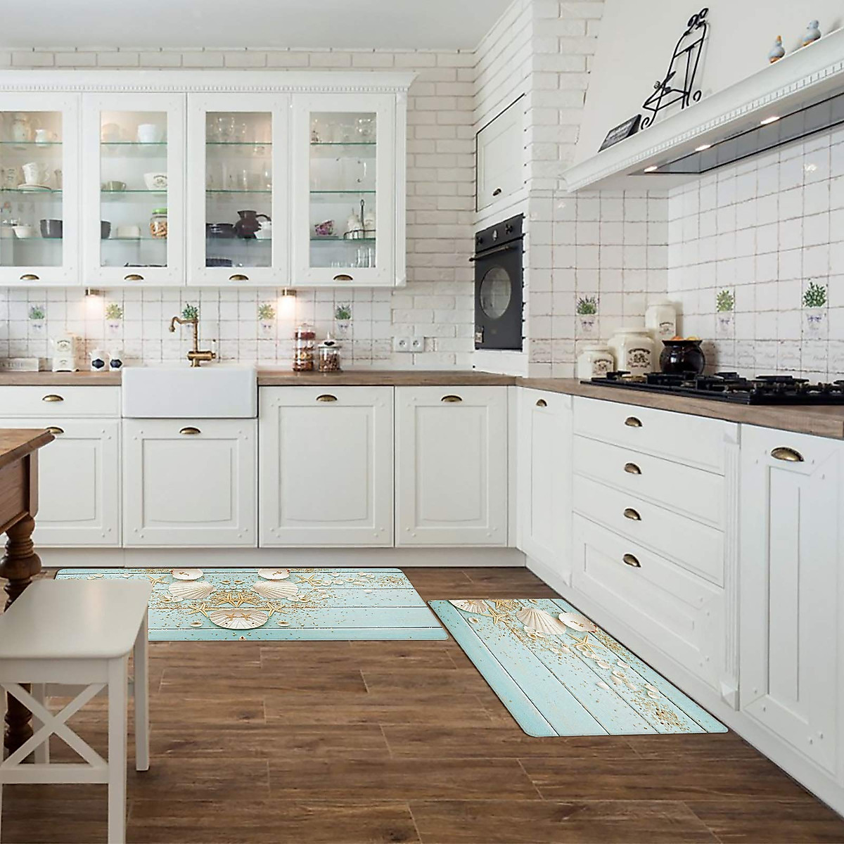 Kitchen Rug Set 2 Pieces Beach Cushioned Kitchen Floor Mats Comfort Soft Standing Doormat, Non Slip Rugs and Runner Coastal Seashell Starfish Blue Wood Board