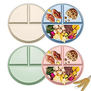 ArderLive Wheat Straw Plates 4 PACK, Divided Plates Tray, Dinner Plates, Reusable, Assorted Colors Dinnerware Sets, Microwave & Dishwasher Safe, Healthy for Adult