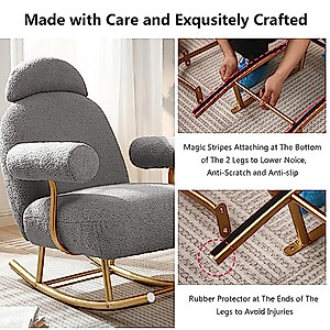 Setawix Teddy Nursery Rocking Chair Modern Faux Sherpa Accent Glider Rocker Chair Soft Boucle Rocking Armchair with Golden Metal Legs,High Back and Arms for Living Room Bedroom (Grey)