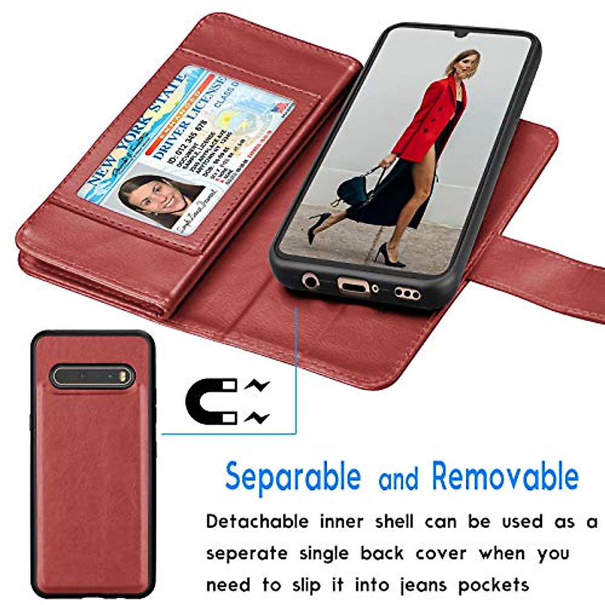 Tekcoo Wallet Case for LG V60 ThinQ/LG V60 ThinQ 5G UW, Luxury PU Leather ID Cash Credit Card Slots Holder Carrying Pouch Folio Flip Cover [Detachable Magnetic Hard Cases] Lanyard [Wine Red]