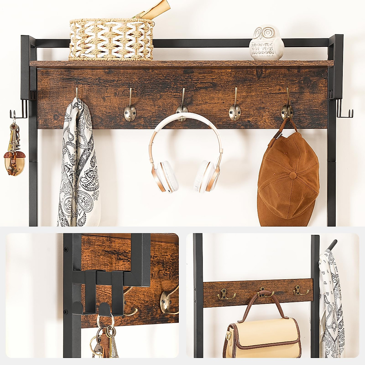 HOOBRO Hall Tree, Entryway Coat Rack Shoe Bench, Shoe and Coat Rack for Entryway, Hall Tree Coat Rack, with Non-Woven Fabric Drawer, for Entrance, Foyer, Rustic Brown and Black BF113MT01