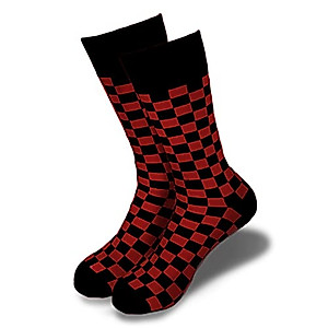 Men's Novelty Checker Crew Socks Sizes 6-12 - Stylish Quality Fit for Skateboard, Nights Out, Work, Fun Every Day Comfort (Black,Red)