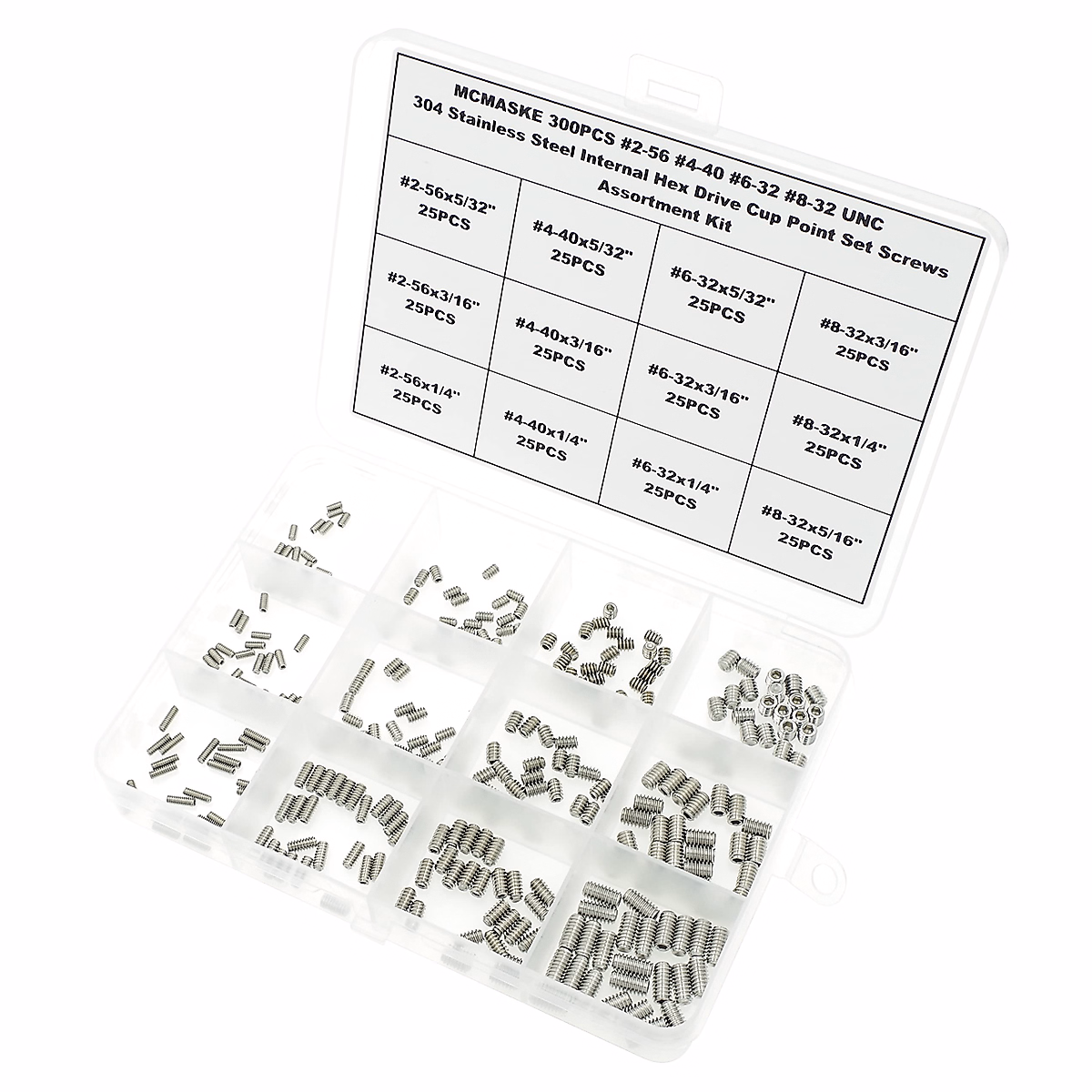 MCMASKE 300PCS #2-56#4-40#6-32#8-32 UNC 304 Stainless Steel Internal Hex Drive Cup Point Set Screws Assortment Kit
