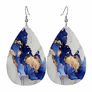 Blue and Gold Marble Earrings for Women Liquid Alcohol Ink Fluid Teardrop Dangle Faux Leather Earrings Holiday Earrings for