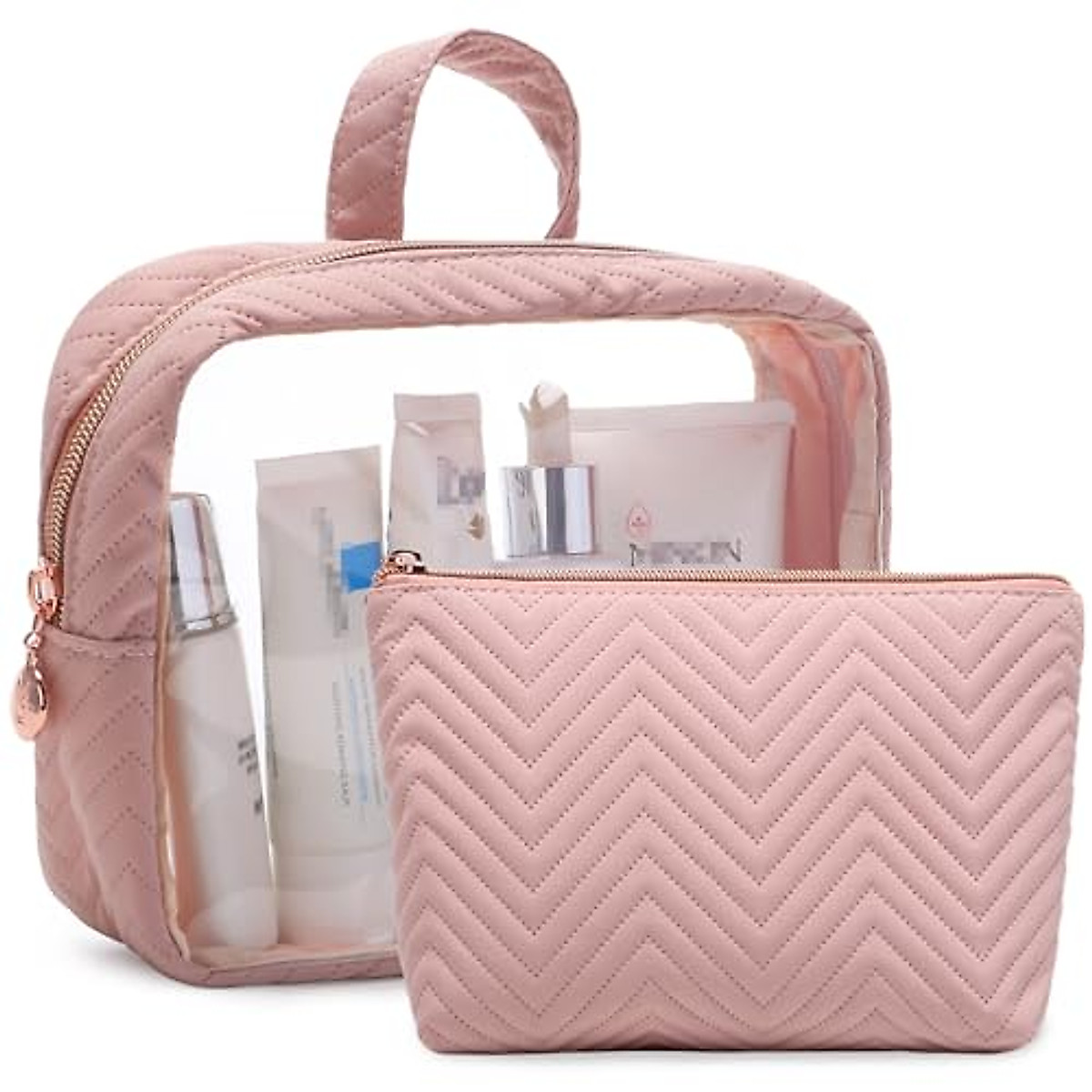 Bunnychill TSA Approved Toiletry Bag With Handle Strap,2 Pack PVC Clear Cosmetic Bags for Women Men, Carry on Airport Airline Compliant Bag,waterproof Transparent Makeup Travel Bags(S+M-Pink)