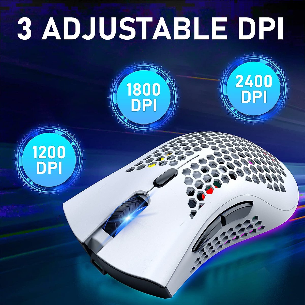 Wireless Lightweight Gaming Mouse Honeycomb with 7 Button Multi RGB Backlit Perforated Ergonomic Shell Optical Sensor Adjustable DPI Rechargeable 800mAh Battery USB Receiver for PC Mac Gamer(White)