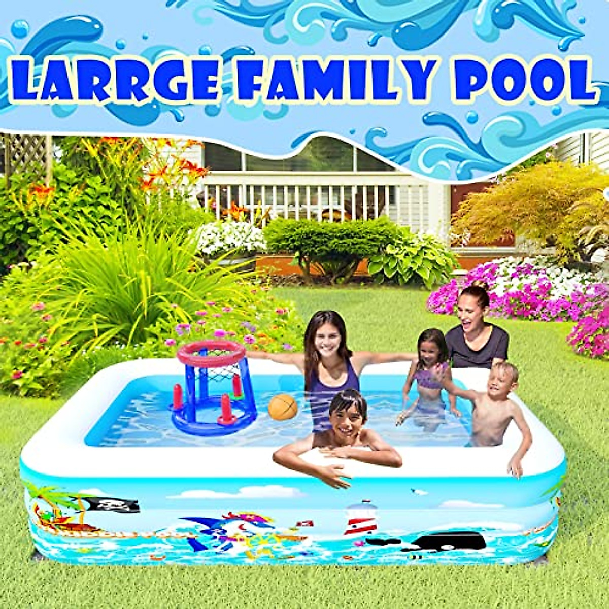 Inflatable Pool, Inflatable Pool for Kids and Adults, 120" X 72" X 22" Oversized Thickened Family Swimming Pool for Kids, Garden, Backyard, Summer Water Party, Contains Inflatable Basketball (Stand)