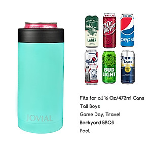 JOVIAL 16 Oz Insulated Stainless Steel Can Cooler,double wall insulated Can holder/insulator/Coozie,Tall Boy Sleeve for all 16 Oz beer/soda/pop/coke Cans. (16 Oz, Black+Seafoam, 2)
