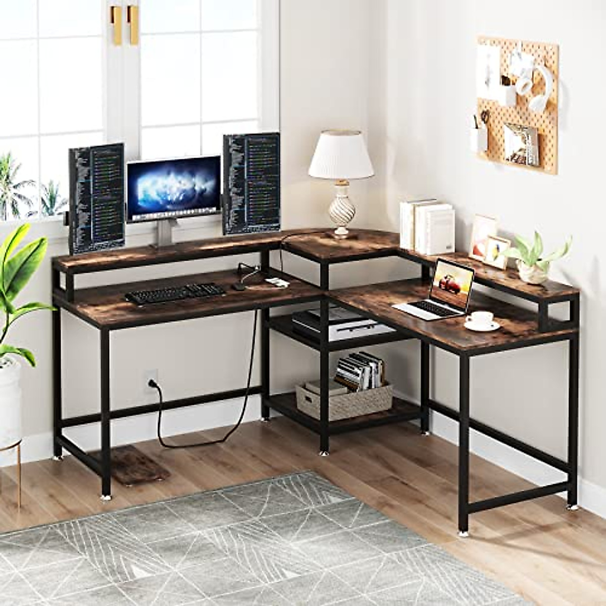 TIYASE L Shaped Desk with Power Outlet and USB Port, 59 in L-Shaped Computer Corner Desk with Storage Shelves, Home Office Desk Workstation with Monitor Stand, Tower Shelf, Rustic Brown
