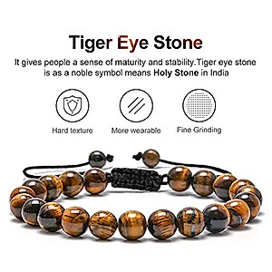 M MOOHAM Stone Bead Bracelets, Natural Tiger Eye Stone Beads Bracelet, Men Women Stress Relief Yoga Beads Adjustable Semi-Precious Stone Bracelet Bangle