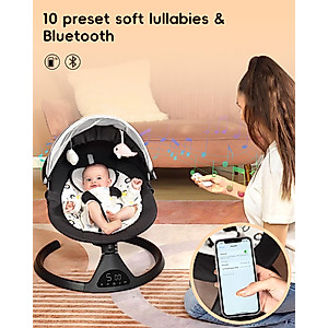 Baby Swing for Infants to Toddler Portable Babies Swing Timing Function 5 Swing Speeds Bluetooth Touch Screen Music Speaker with 10 Preset Lullabies 5-Point Carabiner