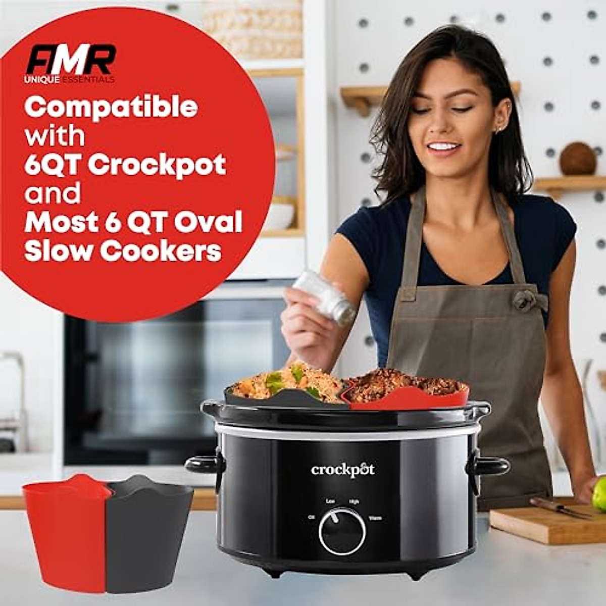AMR 2in1 Slow Cooker Liners for 5-6 QT Crockpots, Silicone Crockpot Liner for Cooking 2 Dishes, Leak Proof & Dishwasher Safe