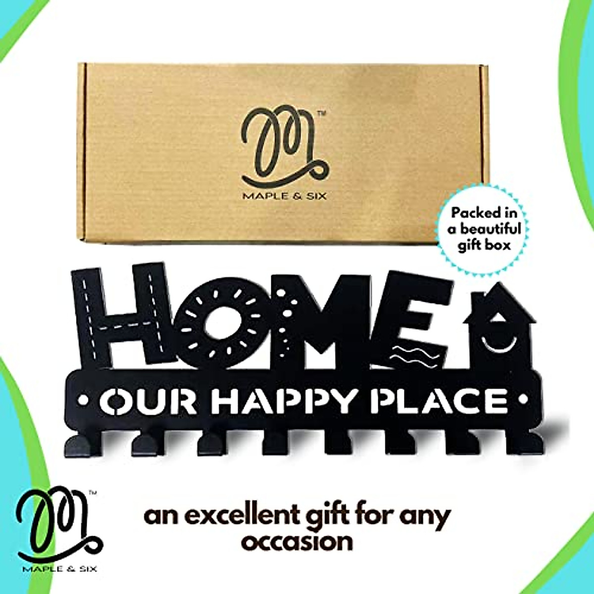 Decorative Key Holder for Wall | Maple & Six - Wall Mounted Key Holder with 8 Hooks |Keyring Organizer| Black | 12 x 4.5 x 1 Inches (Home- Our Happy Place)