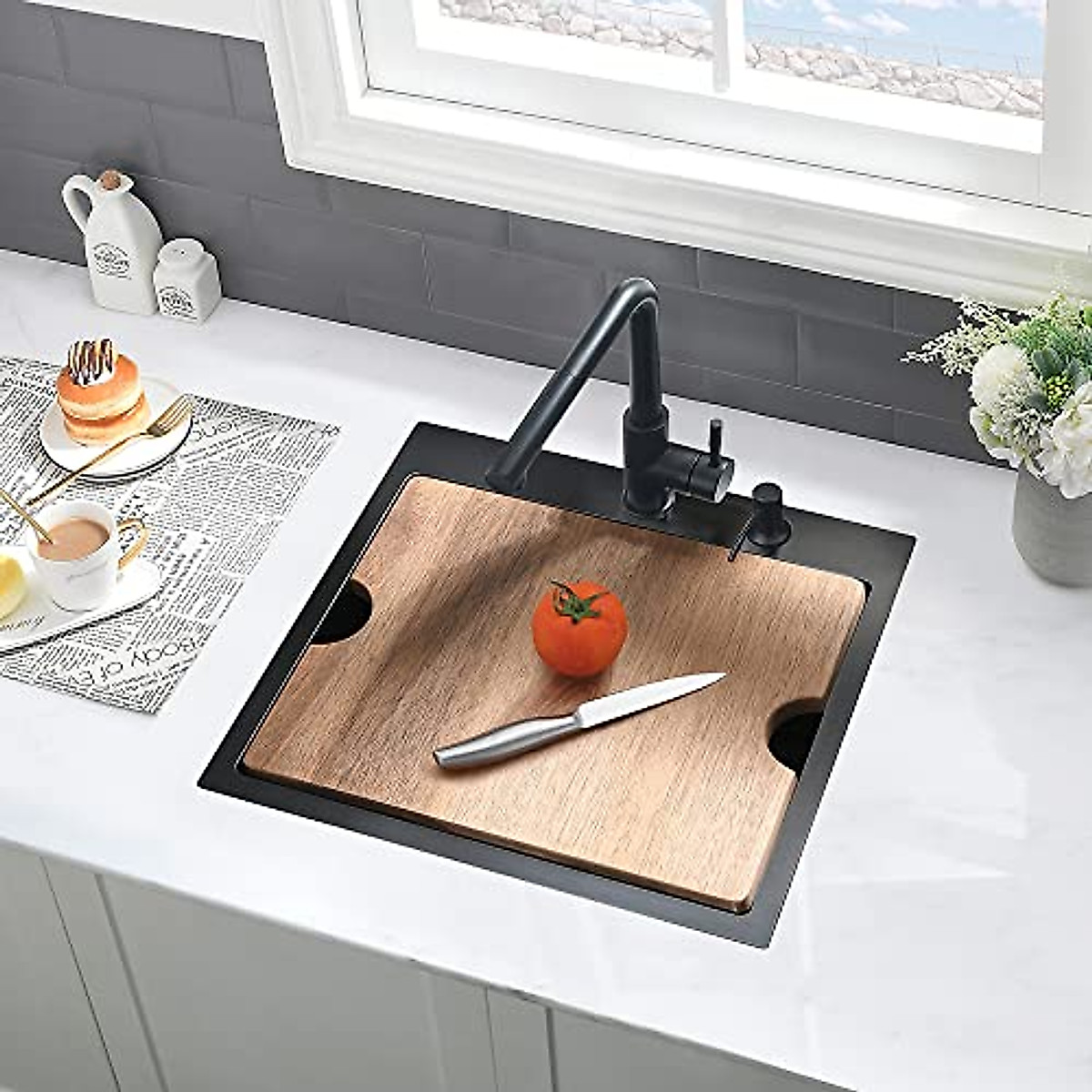 18 Inch Black Bar Sink Drop In Workstation-VASOYO 18x18 Drop In Bar Sink Black Stainless Steel Bar Prep Sink Topmount Outdoor Rv Kitchen Sink Single Bow Wet Bar Sink with Cutting Board