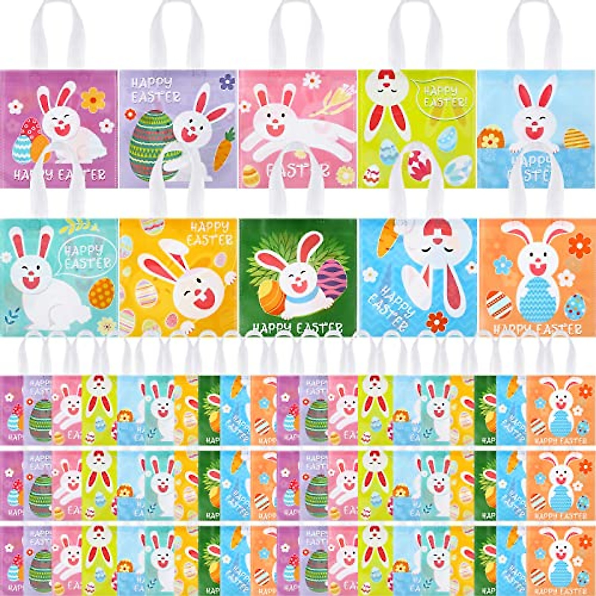 100 Pcs Easter Mini Gift Tote Bags for Kids Easter Small Baskets Bunny Non Woven Kraft Treat Goodie Eggs Bags with Handles for Easter Party Favors, Easter Egg Hunt