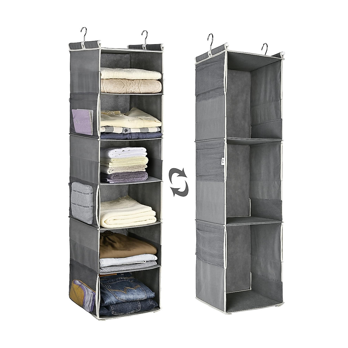 ULG 1 PC Hanging Closet Organizer, 3-in-1 to 6-in-1 Reversible Closet Hanging Shelves with 6 Side Pockets for Wardrobe Clothes Sweater Storage, Foldable, Dark Gray