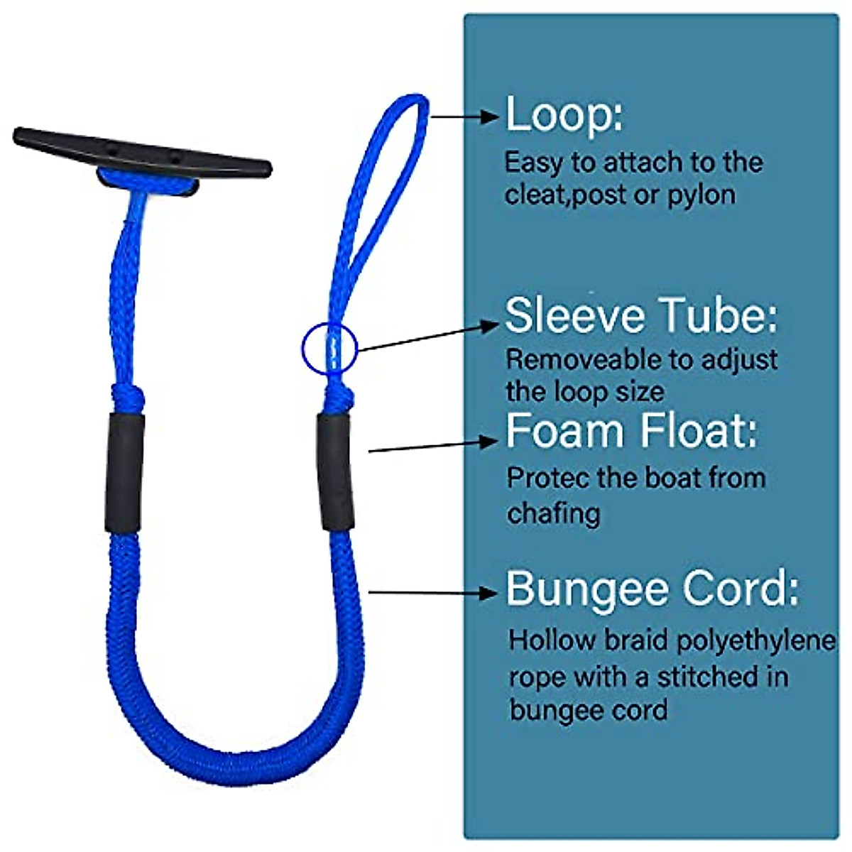 Pack of 4 Bungee Dock Lines for Boat Shock Absorb Dock Tie Mooring Rope Boat Accessories 4-5.5 ft (Blue)