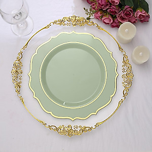Efavormart 10 Pack | 10" Sage Green Plastic Dinner Plates Disposable Tableware Round With Gold Scalloped Rim for Wedding, Outdoor Receptions, Banquets, Holiday Dining