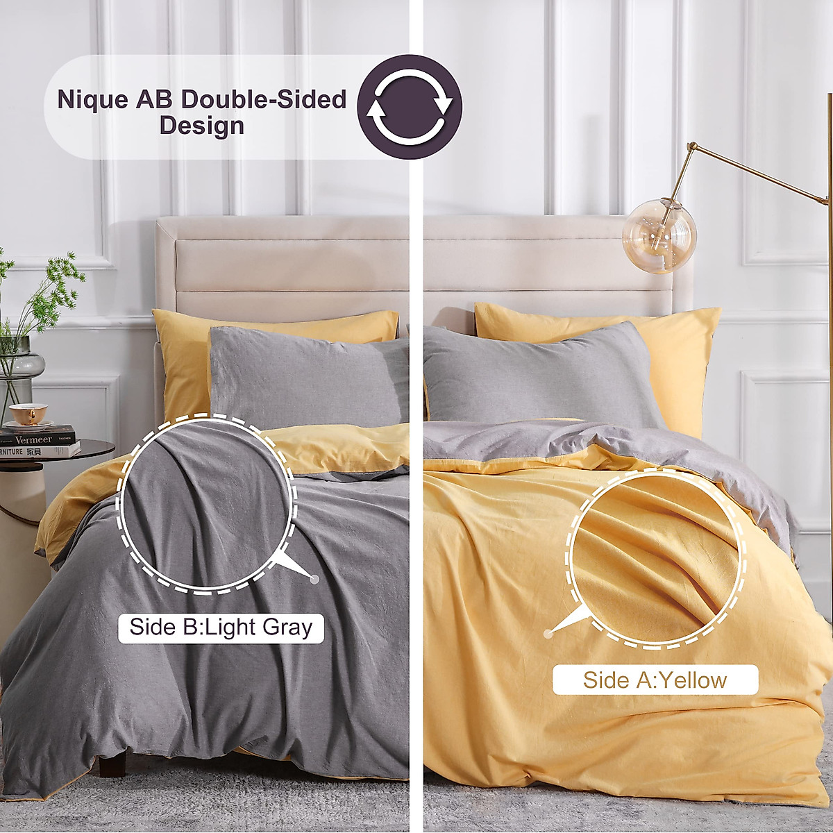 KAKABELL 100% Washed Cotton Linen Duvet Covers Set,Luxury Soft and Breathable Portable Openings 3 Piece Bedding Set,1200 Thread Count,with 8 Corner Ties 90x90 Inches(Light Yellow Grey,Full/Queen)