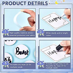 Teling 24 Pcs Reusable Cards Multifunctional Tokens Dry Erase Cards White Blank Flash Cards Erasable Index Cards, 24 White Erasable Plastic Counters Gaming Tokens Discs and 5 Marker Pens for Game