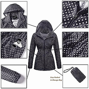YEABEDA Women-Rain Jacket-Hood Waterproof-Lightweight Windbreak-Packable — Cute RainCoats Travel Polka Dot Ladies With Pouch (3X-Large, black Polka Dot)