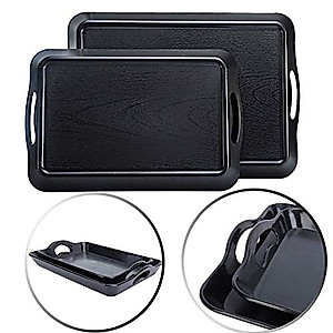 Uniyou Wood Grain Serving Tray with Handles Rectangular Thickened Waterproof Heat Resistant Plastic Serving Tray with Wide Handle, Black 16.5'' x 11'' and 14.5'' x 9''