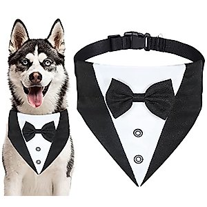 GOYOSWA Dog Tuxedo Collar with Bow Tie Dog Suit Dog Wedding Bandana, Adjustable Dog Tux Formal Dog Costumes for Small Medium Large Dogs Pets (L: Neck 15”-25”)