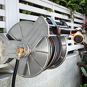 Giraffe Tools Stainless Steel Garden Hose Reel with 5/8" x 100 ft Heavy Duty Hose, Wall/Floor Mounted Metal Water Hose Reel with Crank Handle